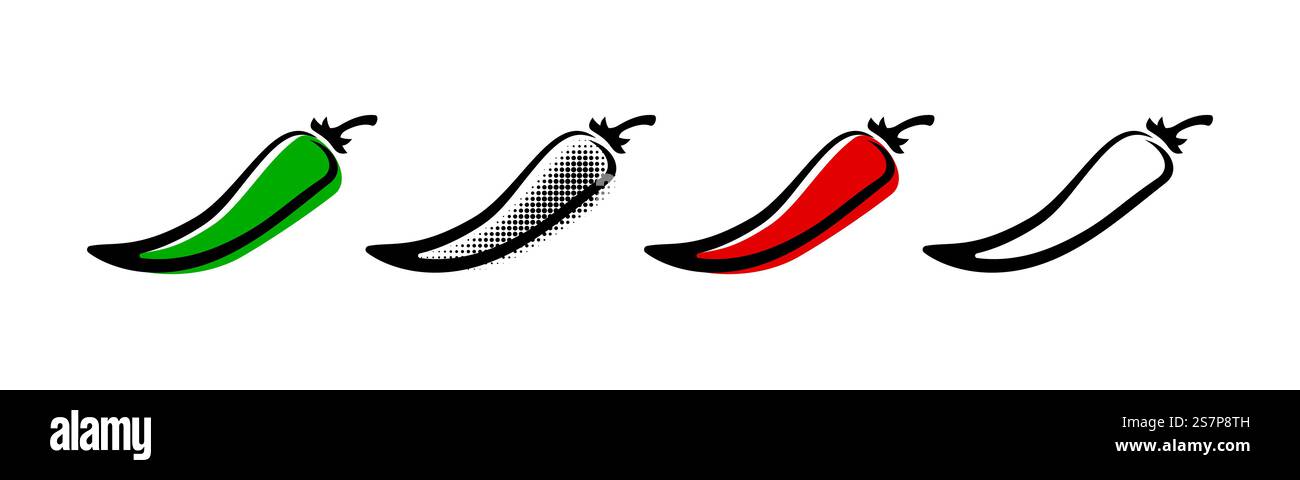 Chili icons, spicy pepper chilly mild to red hot, vector menu logo ...