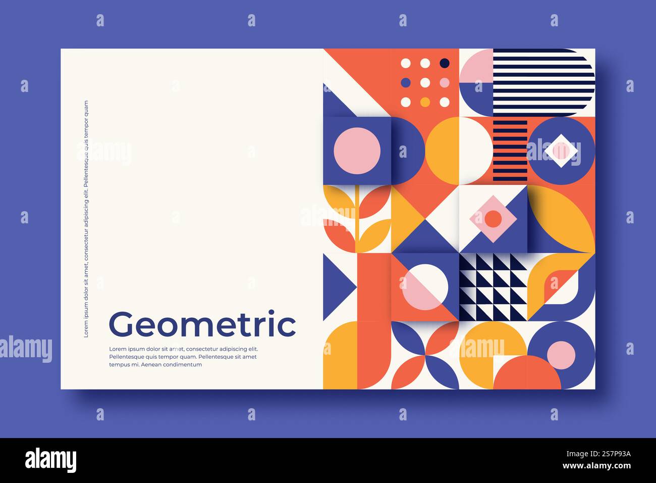 Bauhaus inspired banner with basic square figures, shadows and text ...