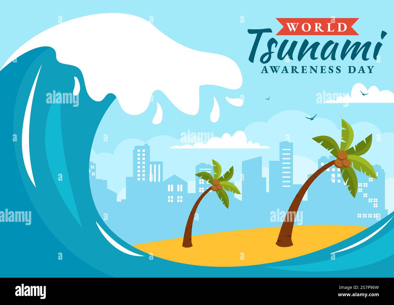 World Tsunami Awareness Day Vector Illustration on 5 November with Waves Hitting Houses and ...