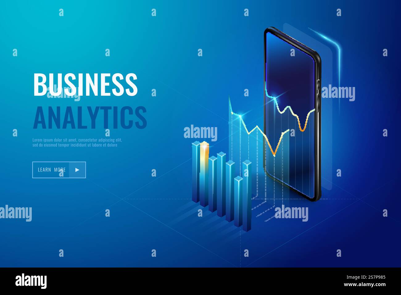 Realistic mobile phone with business analytics data and charts ...