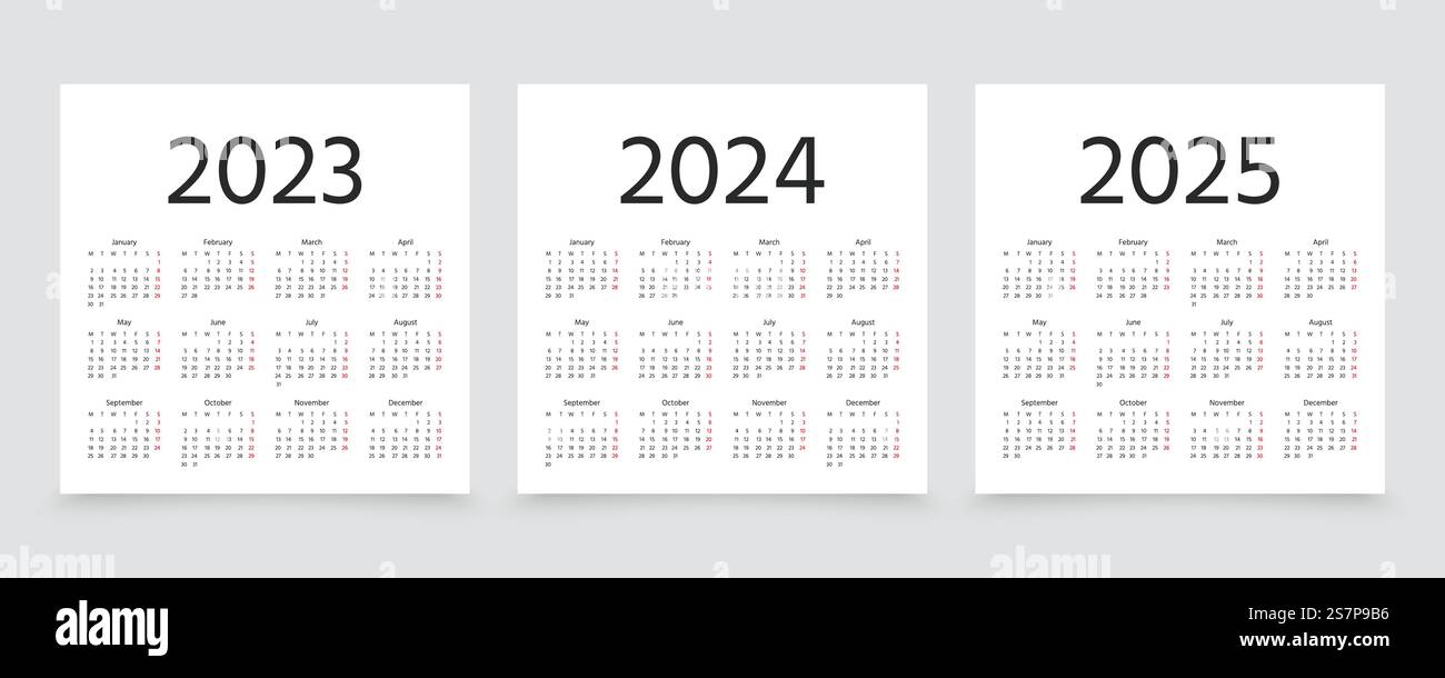 2023 2024 2025 years calendars. Week starts Monday. Simple desk ...
