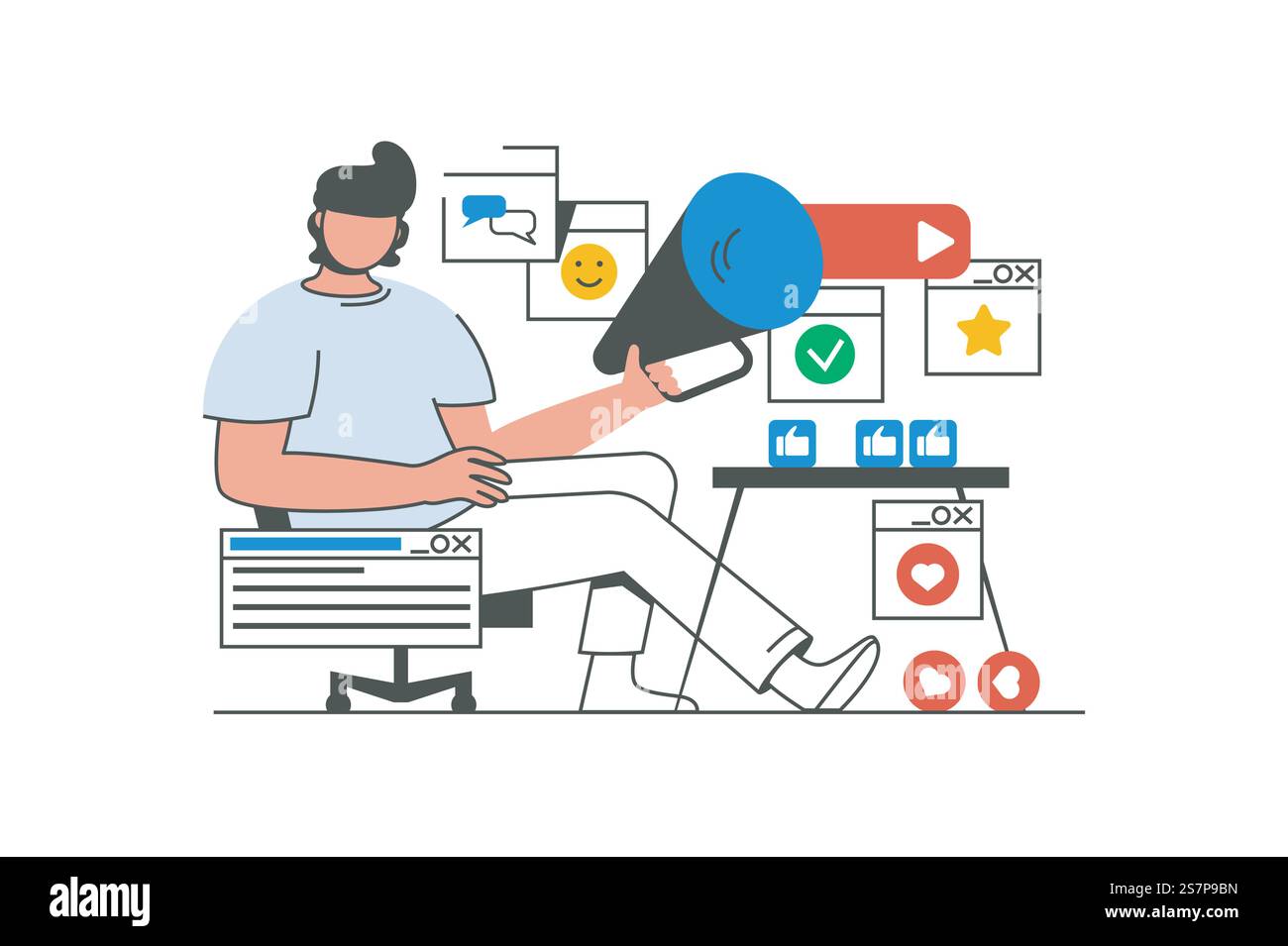 Digital marketing outline web concept with character scene. Man with megaphone promoting ...