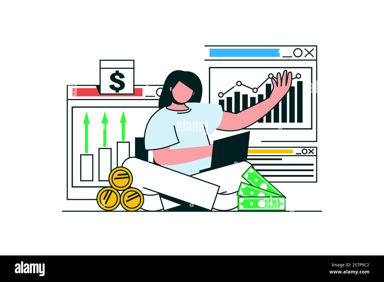Financial budget outline web concept with character scene. Woman ...