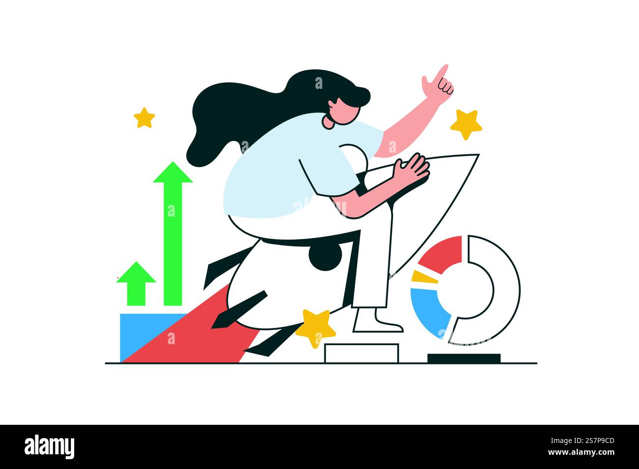 Business startup outline web concept with character scene. Woman launches new company, achieves ...