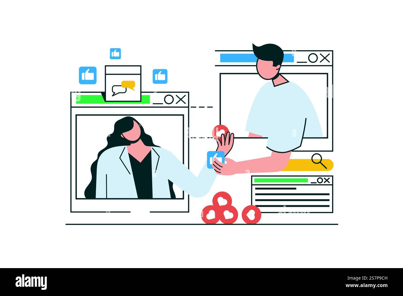 Video chatting outline web concept with character scene. Woman and man connecting via video call ...