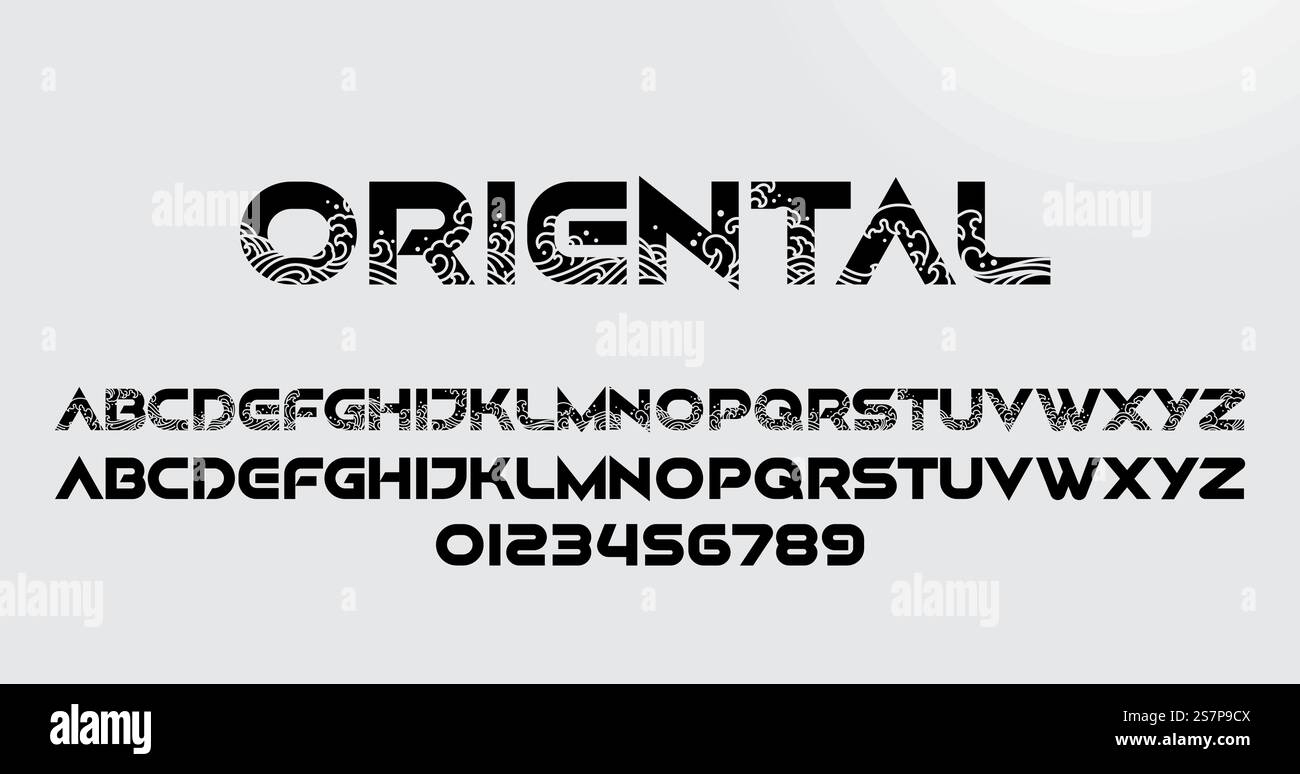 Abstract oriental alphabet font and number. Orient ocean waves pattern ...