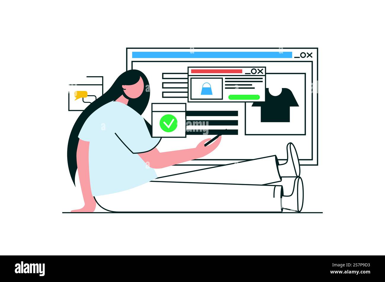 Online shopping outline web concept with character scene. Woman choosing goods and making ...