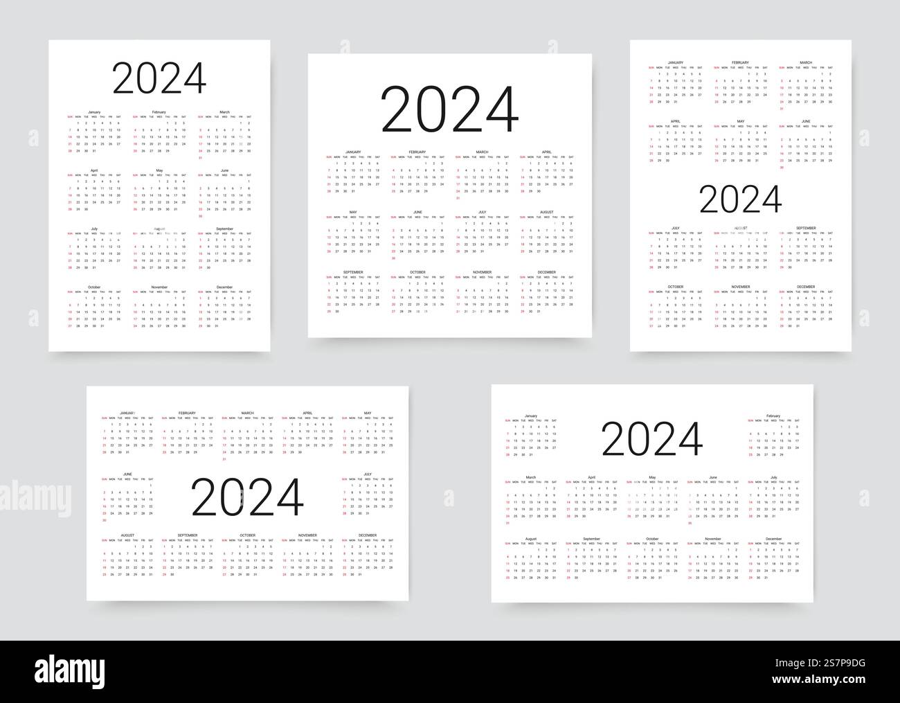 2024 year calendar. Calender template. Week starts Sunday. Layout grid ...