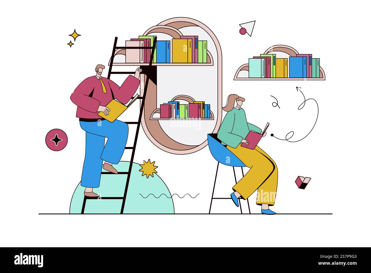 Cloud library concept with character situation in flat design. Man and ...