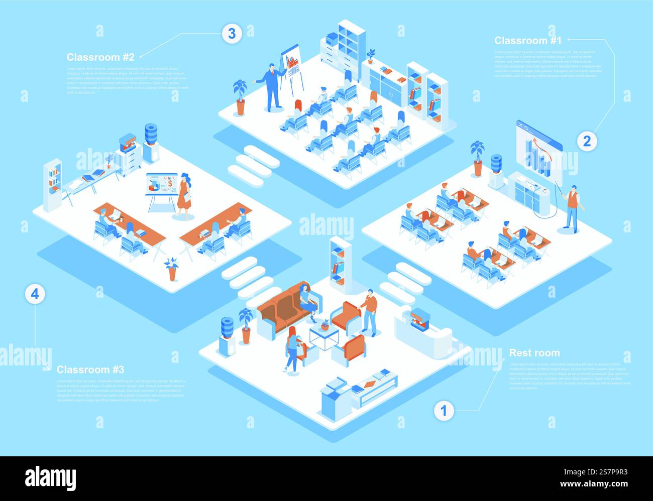 Business training concept 3d isometric web scene with infographic. People working in classrooms ...