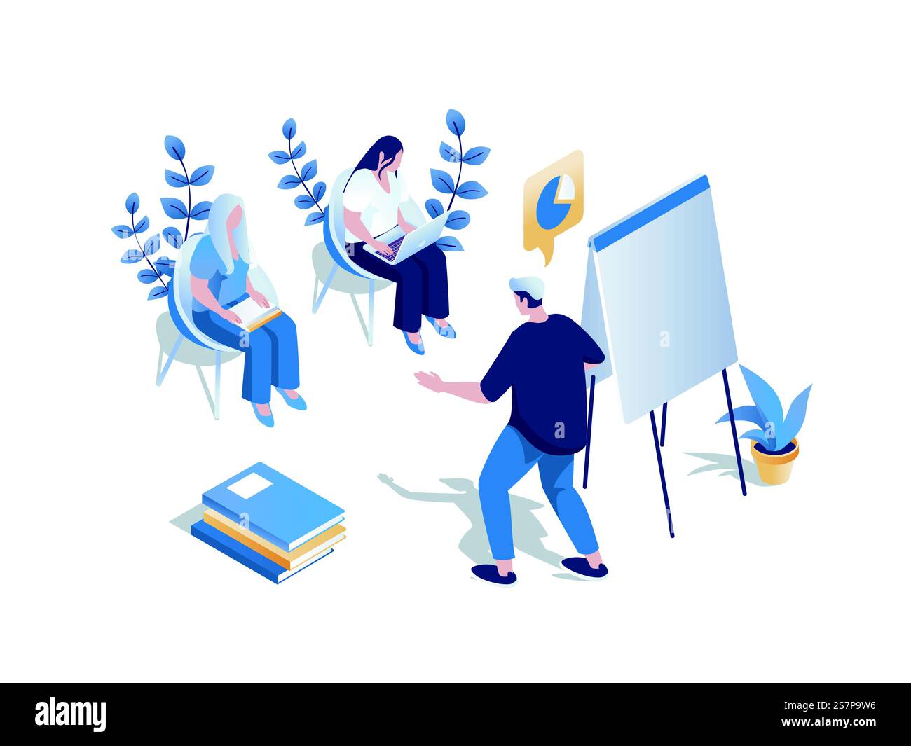 Training course concept 3d isometric web scene. People listening business coach with ...