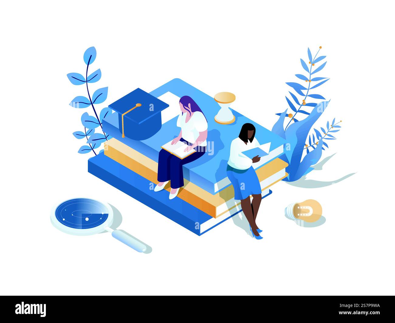 Knowledge concept 3d isometric web scene. People reading different books and textbooks for ...