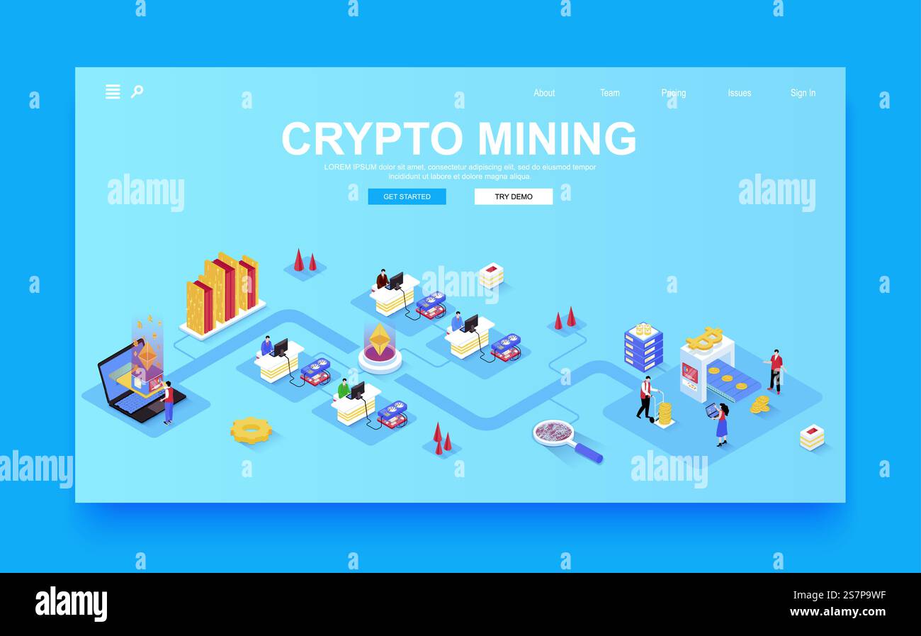 Cryptocurrency mining concept 3d isometric landing page template. People work on amining farm ...