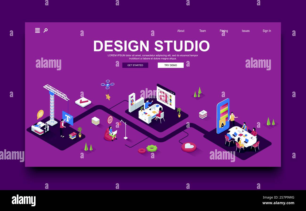 Design studio concept 3d isometric landing page template. People work ...
