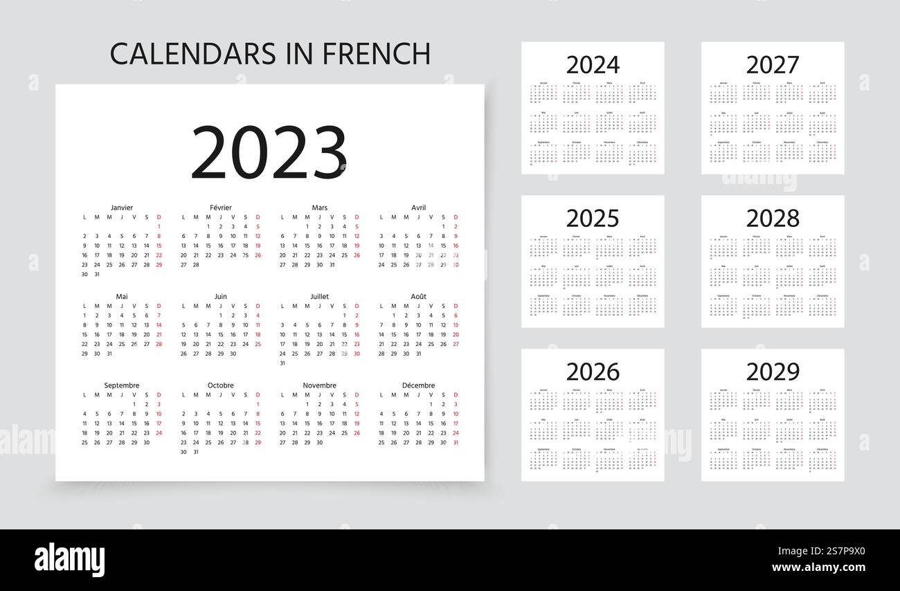 French Calendars for 2023, 2024, 2025, 2026, 2027, 2028, 2029 years ...