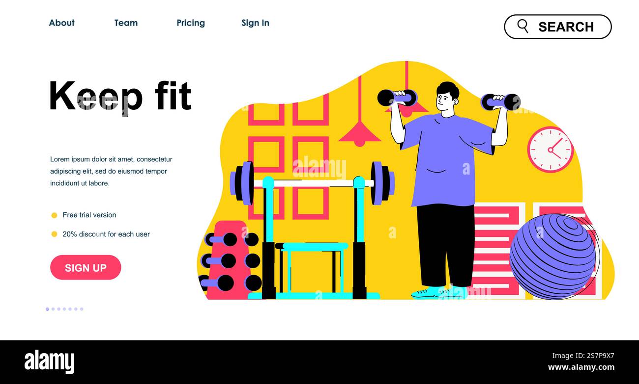 Keep fit concept for landing page template. Man exercising with ...