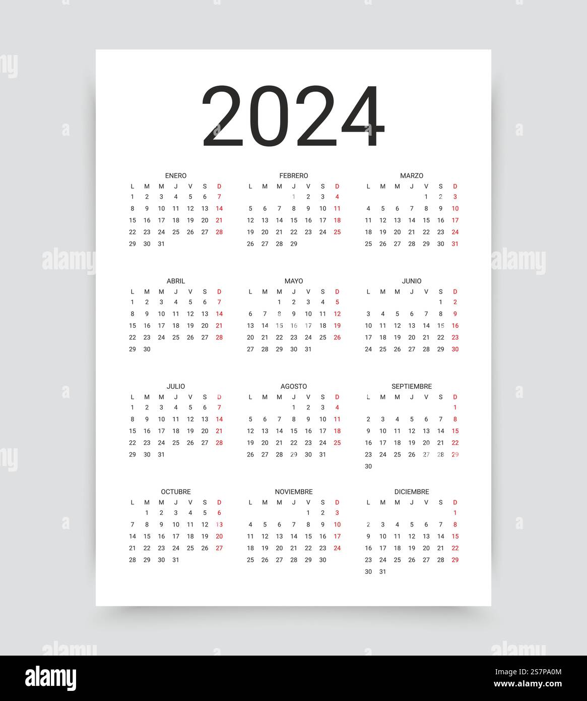 Spanish 2024 calendar for year. Week starts Monday. Pocket calender ...