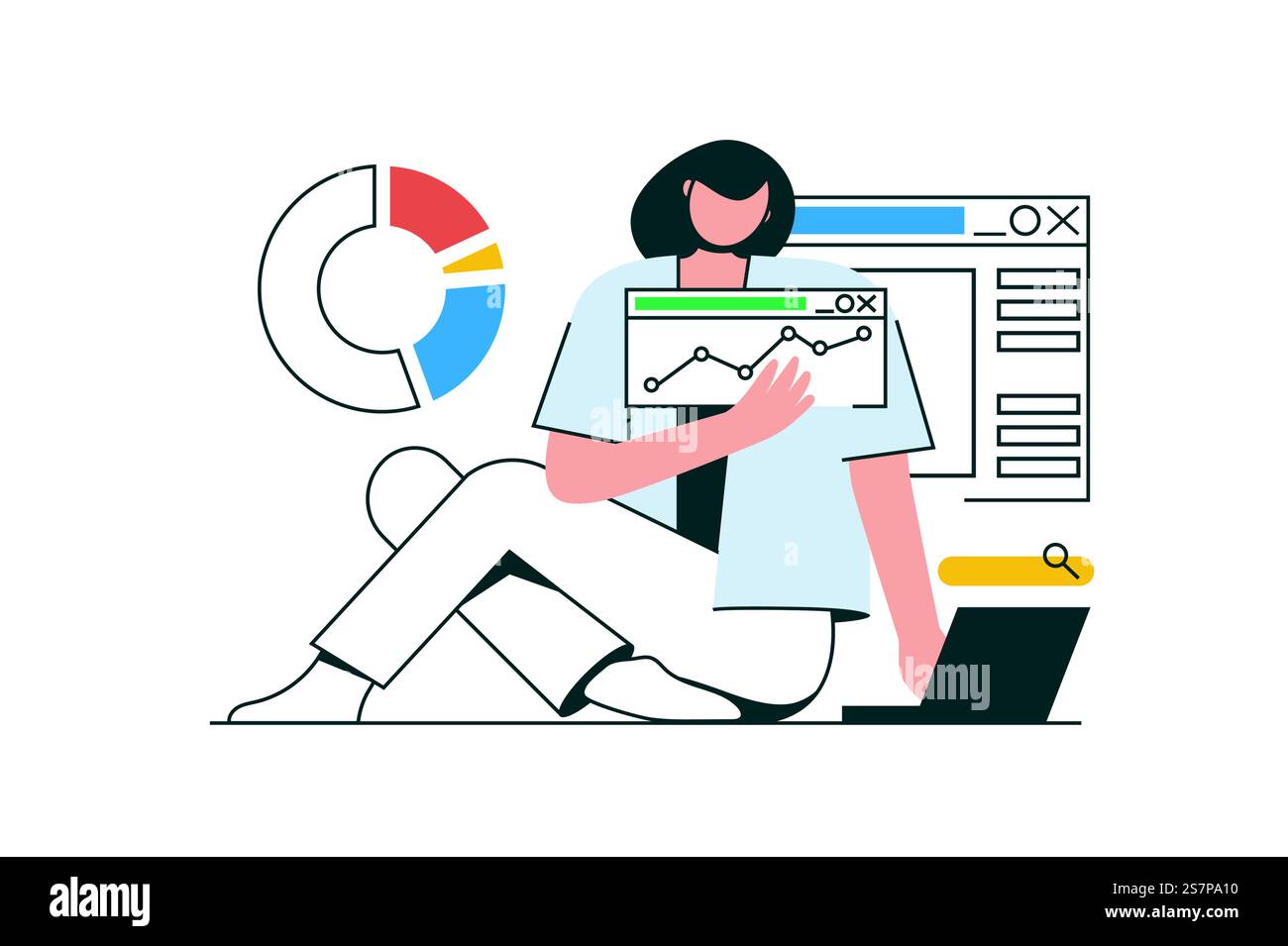 Seo analysis outline web concept with character scene. Woman analyzes ...