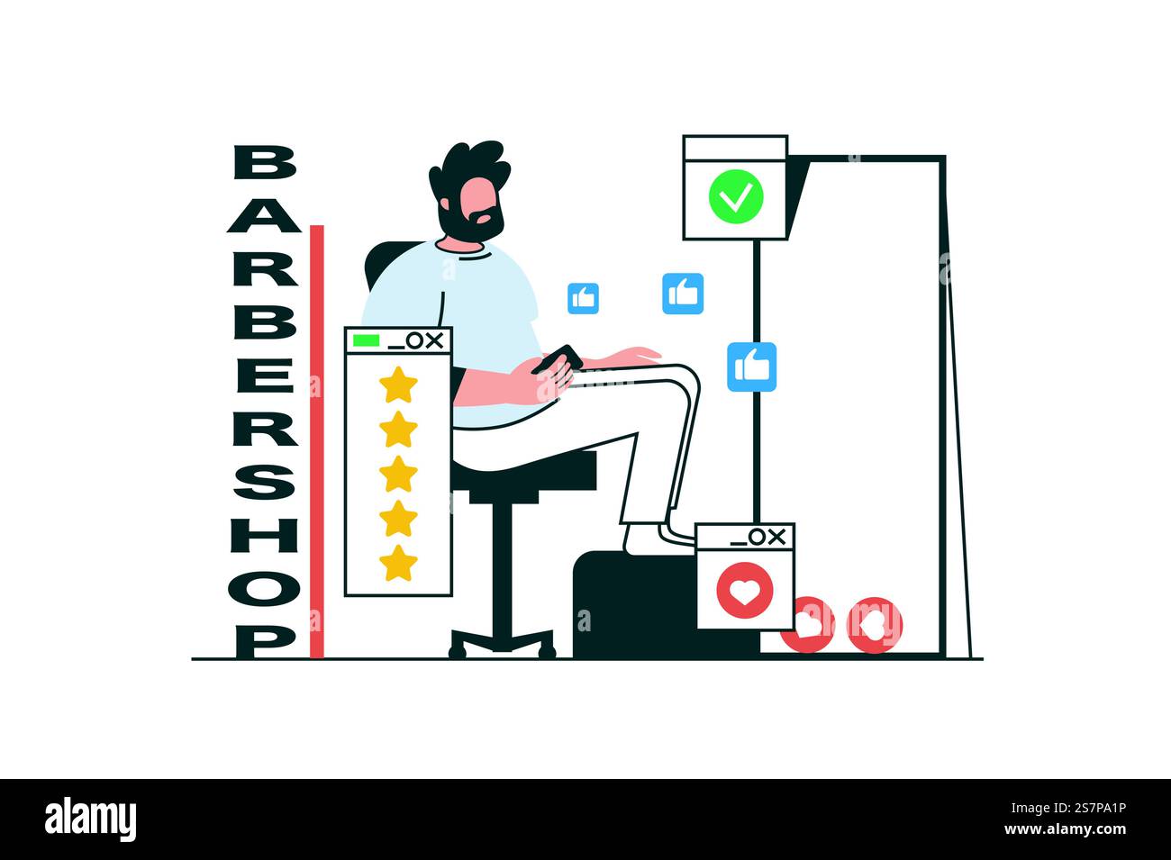 Barbershop outline web concept with character scene. Man gets haircut ...