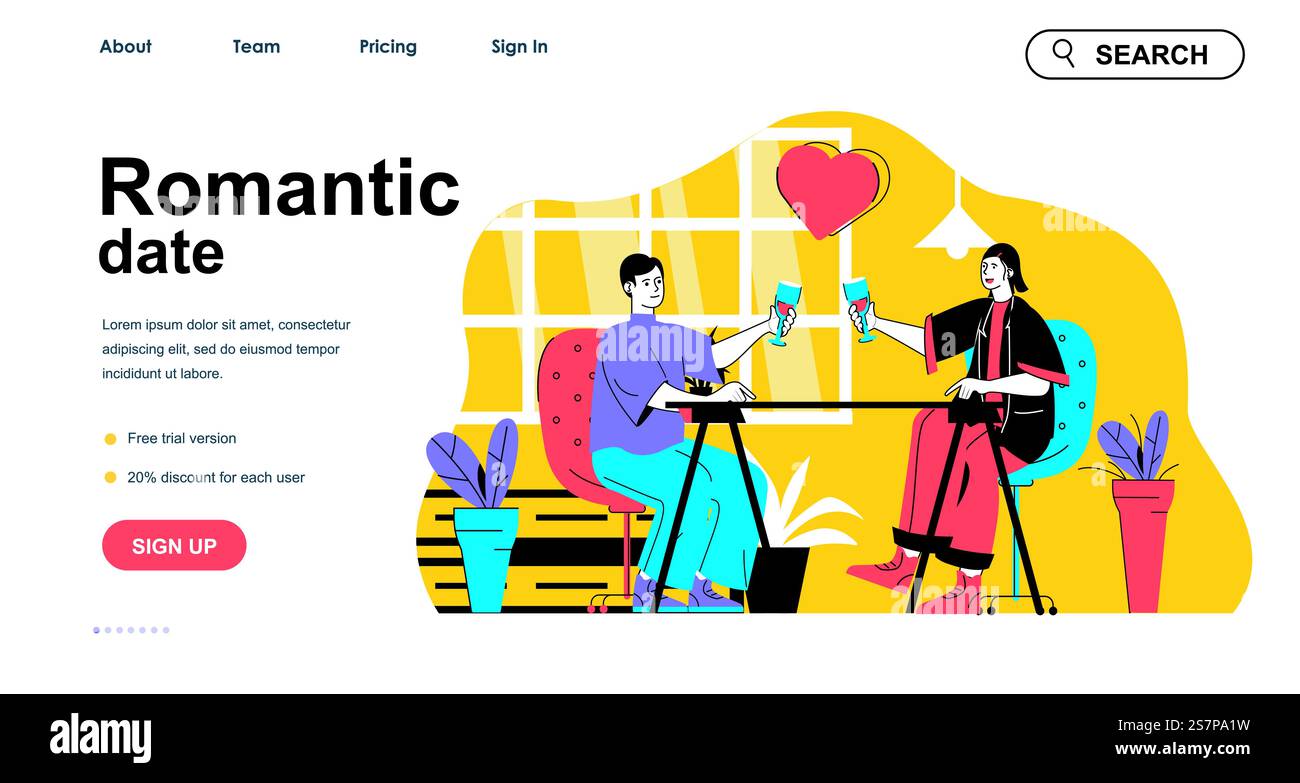 Romantic date concept for landing page template. Loving man and woman ...
