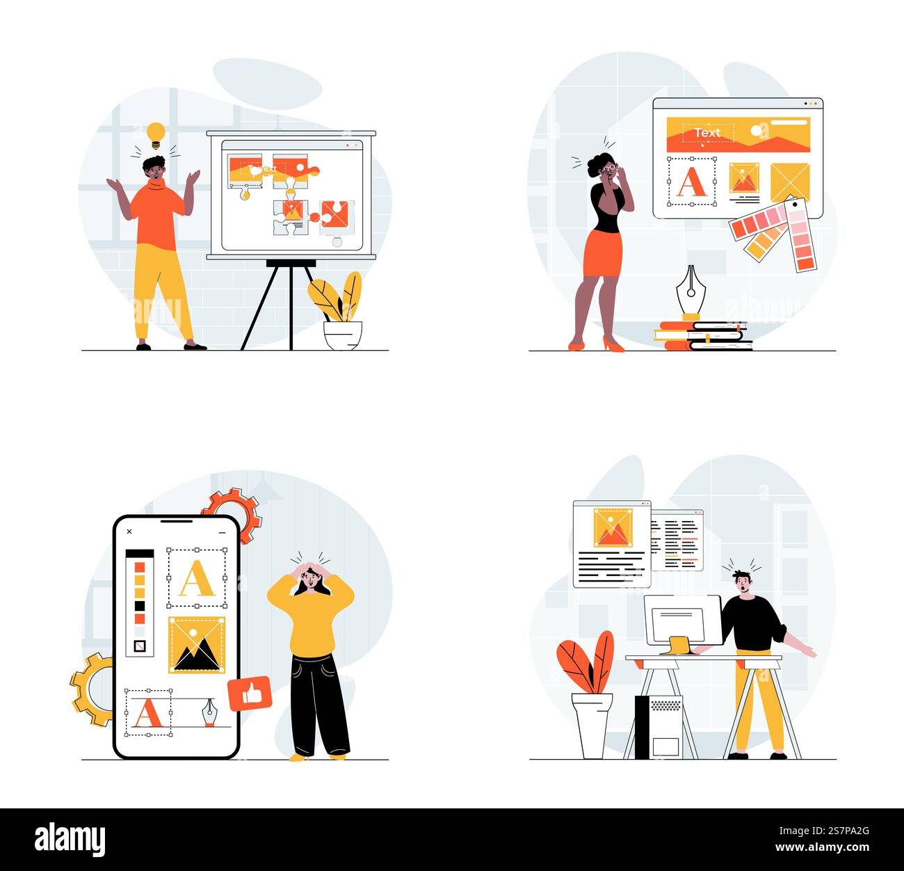 Web design concept with flat character set. Collection of scenes people working with page ...