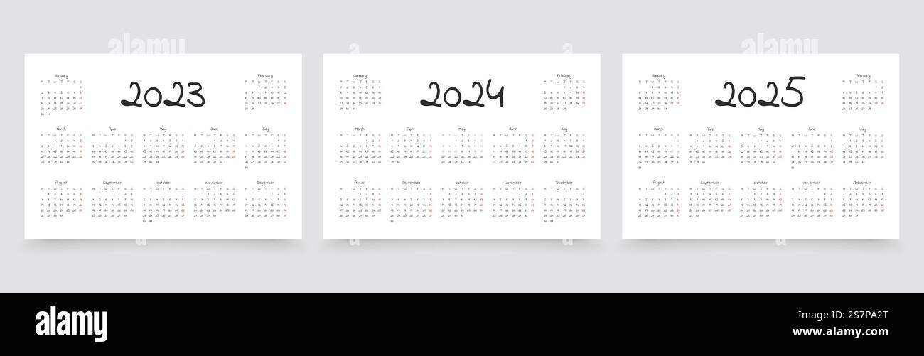 2023, 2024, 2025 years calendar. Calender template. Week starts Monday ...