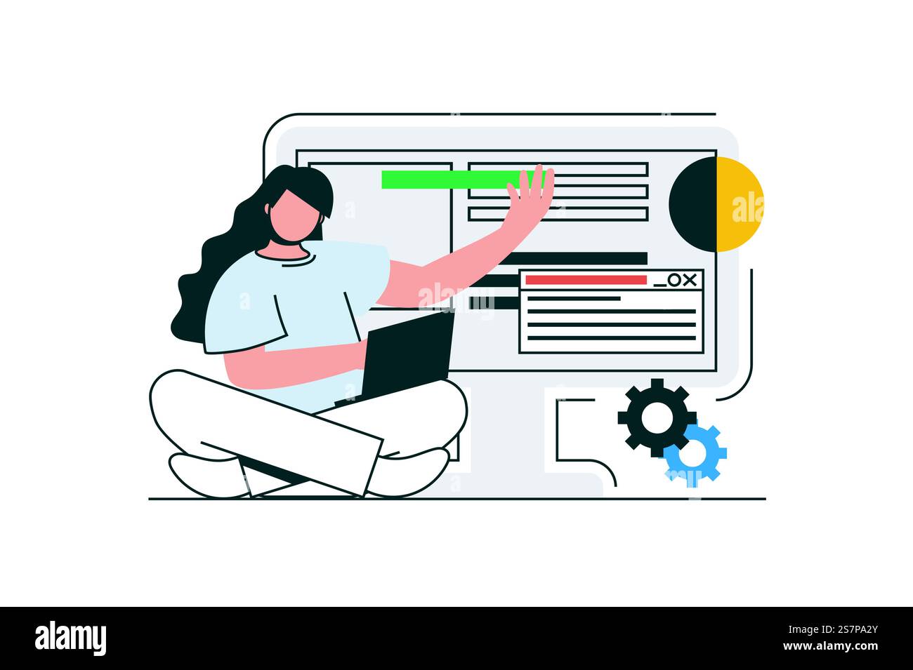 Web design outline concept with character scene. Woman makes ui ux ...