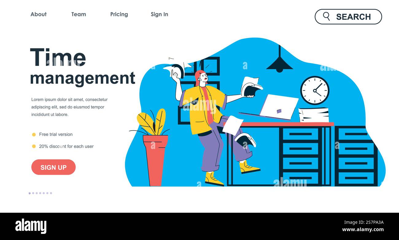 Time management concept for landing page template. Employee hurries to ...