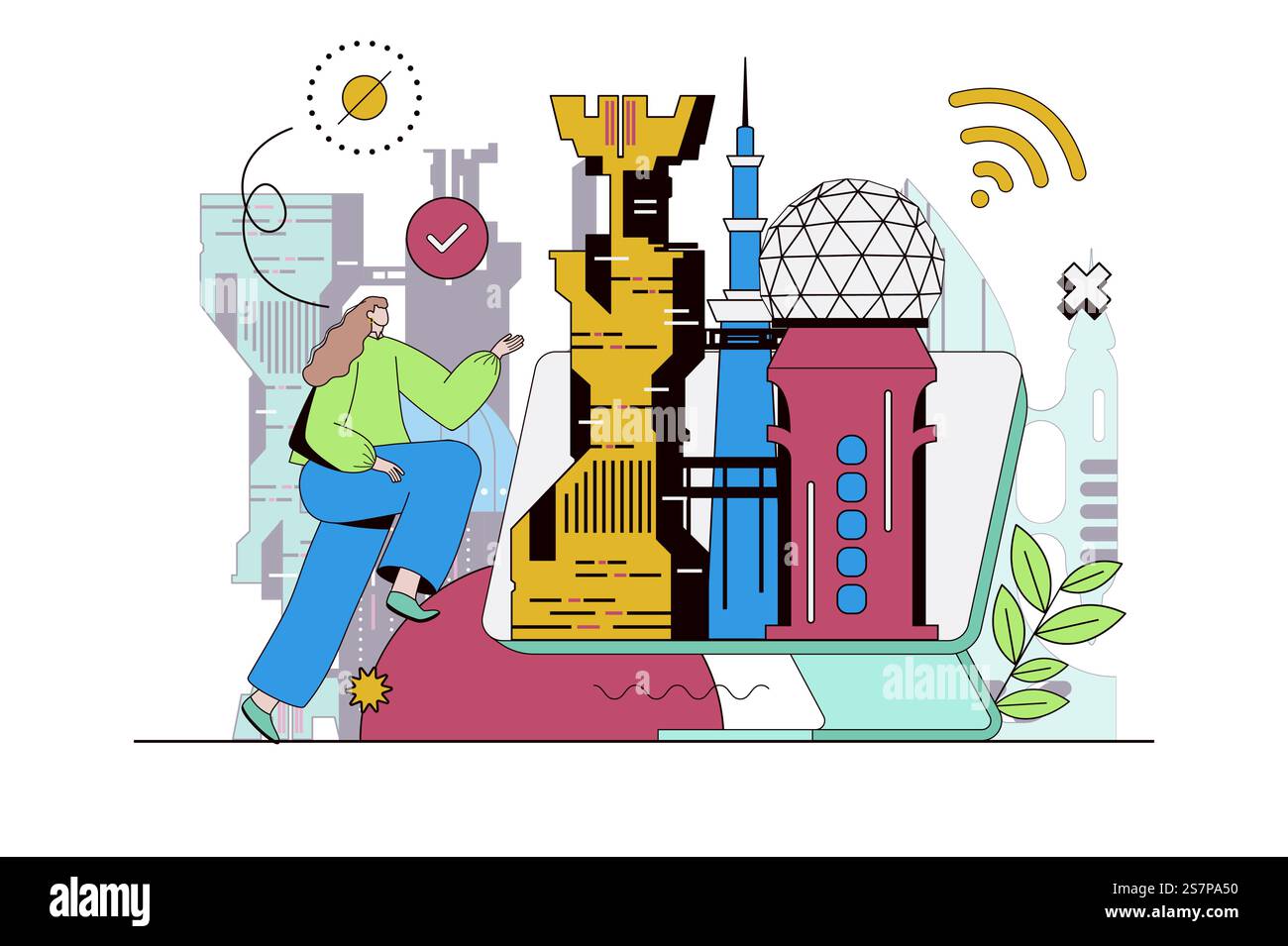 Futuristic megalopolis concept with character situation in flat design ...