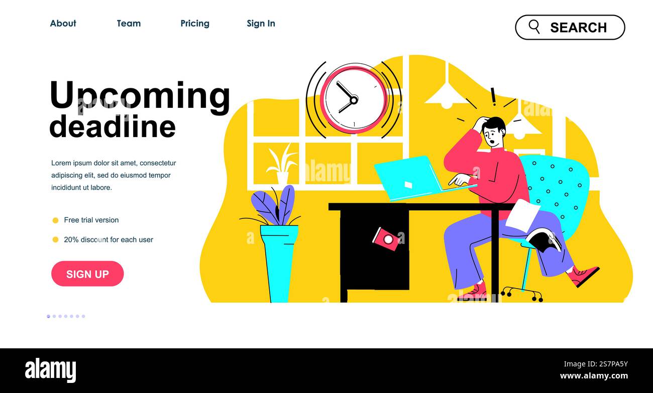Upcoming deadline concept for landing page template. Stressed employee ...