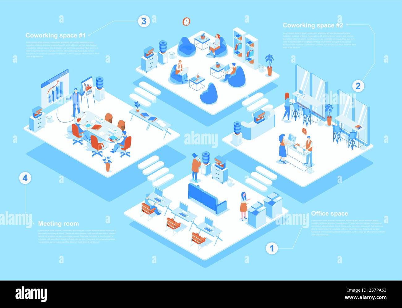 Coworking space concept 3d isometric web scene with infographic. People working in office, tea ...