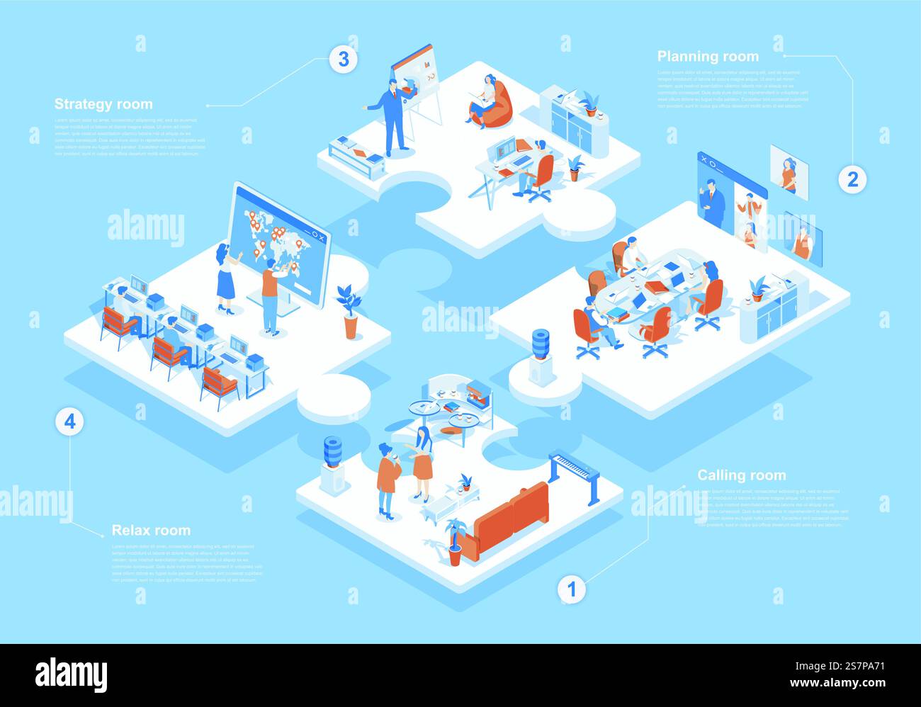 Outsourcing company concept 3d isometric web scene with infographic. People working in ...