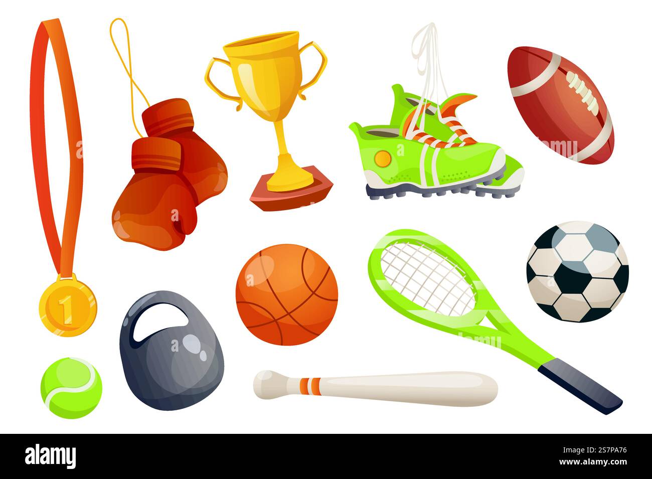 Sport equipment set graphic elements in flat design. Bundle of , gold ...