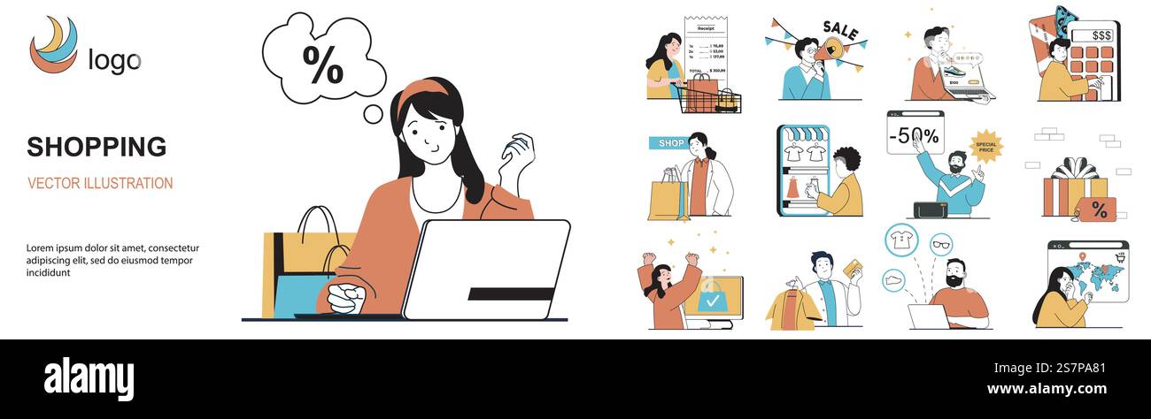 Shopping concept with character situations collection. Bundle of scenes ...