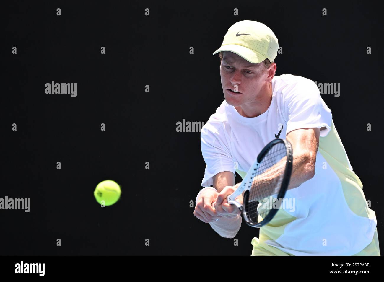 Melbourne, Australia. 20th Jan, 2025. Jannik Sinner of Italy returns during his round 4 match ...