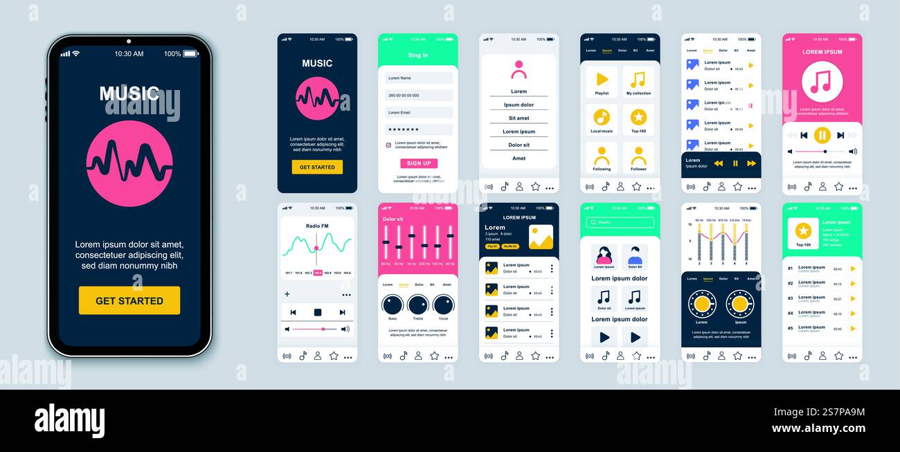 Music mobile app screens set for web templates. Pack of login account ...