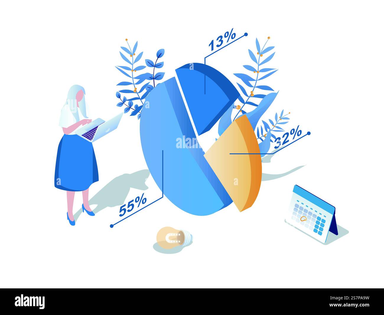 Pie chart concept 3d isometric web scene. People working with data ...