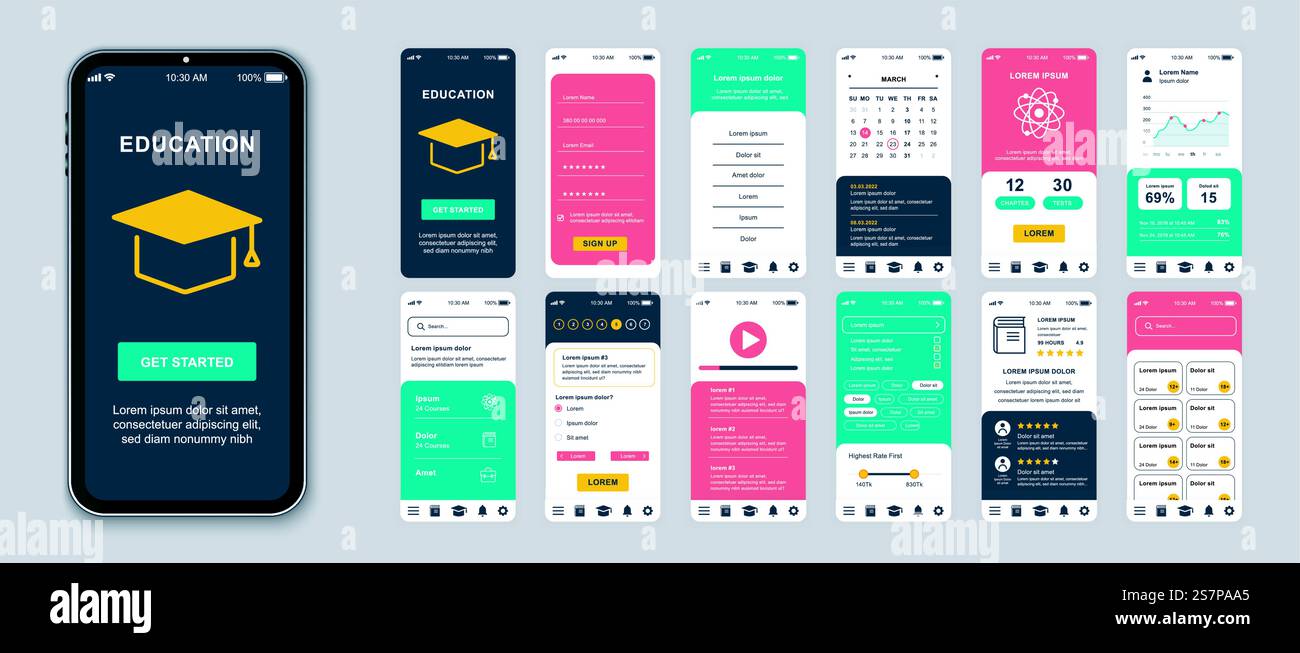 Education mobile app screens set for web templates. Pack of student ...