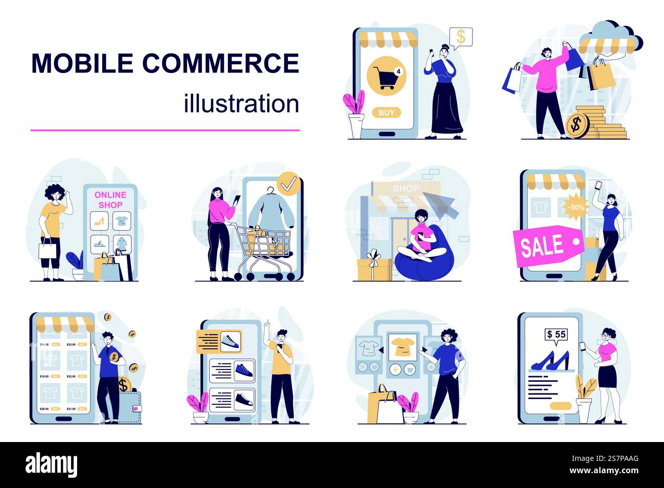 Mobile commerce concept with character situations mega set. Bundle of ...