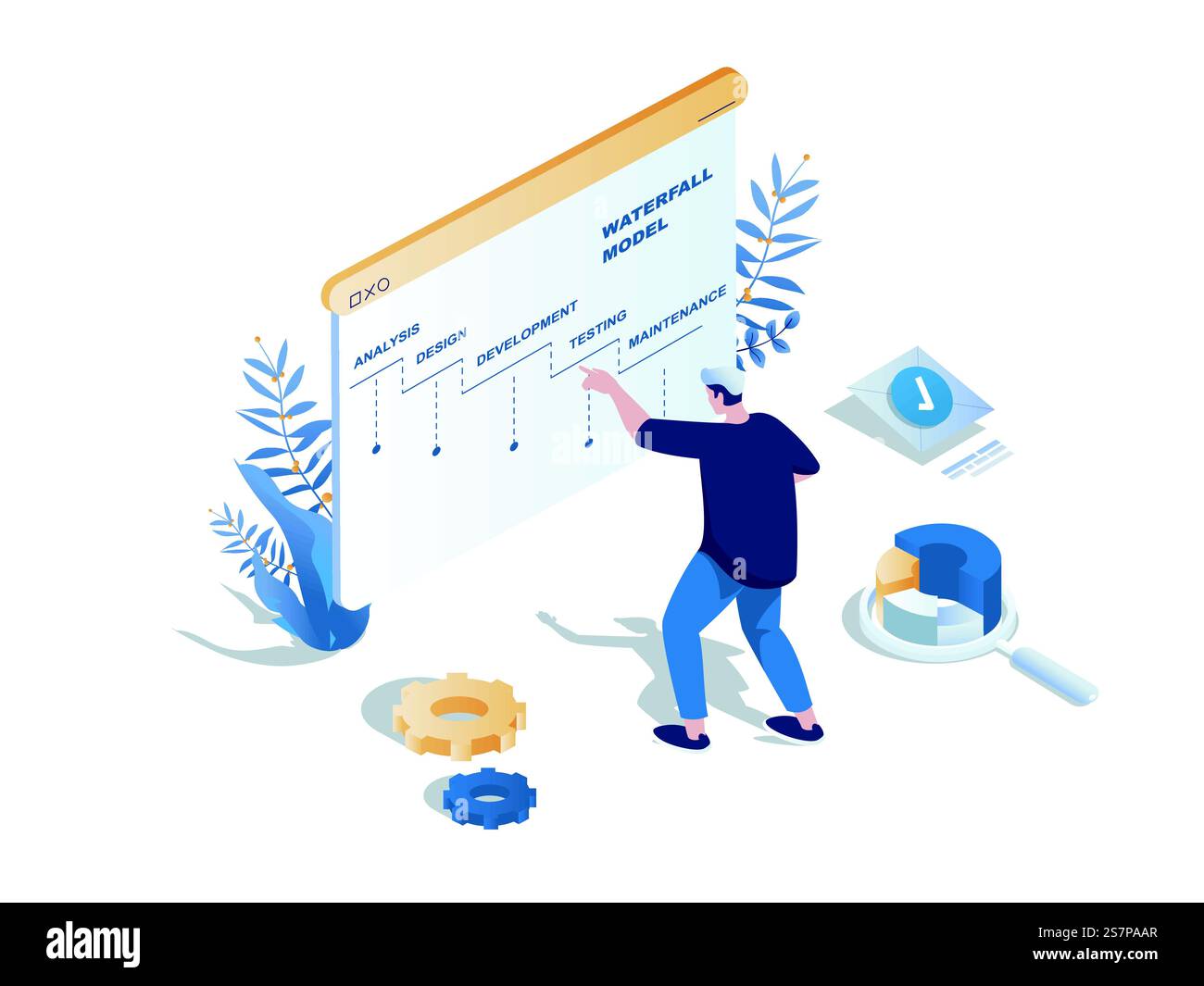 Waterfall development concept 3d isometric web scene. People creating ...