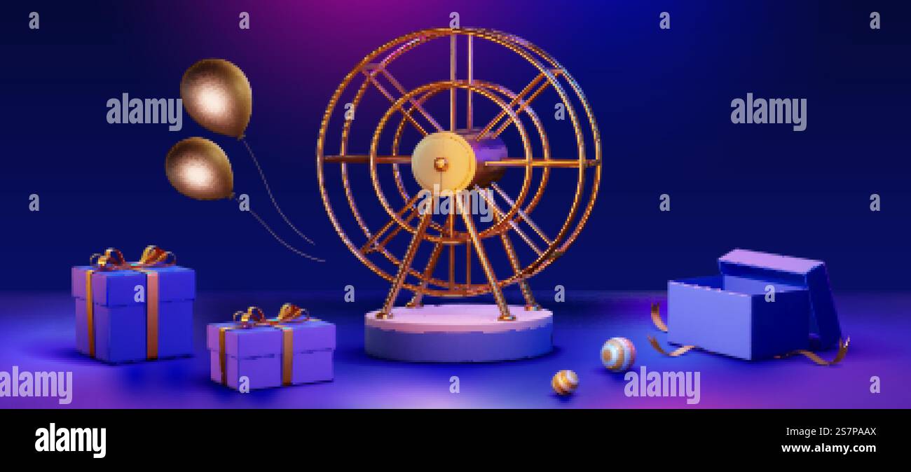 3D rendering ferris wheel with wrapped giftboxes, unwrapped box and ...