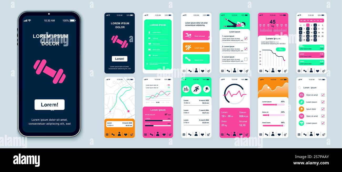 Fitness mobile app screens set for web templates. Pack of login ...