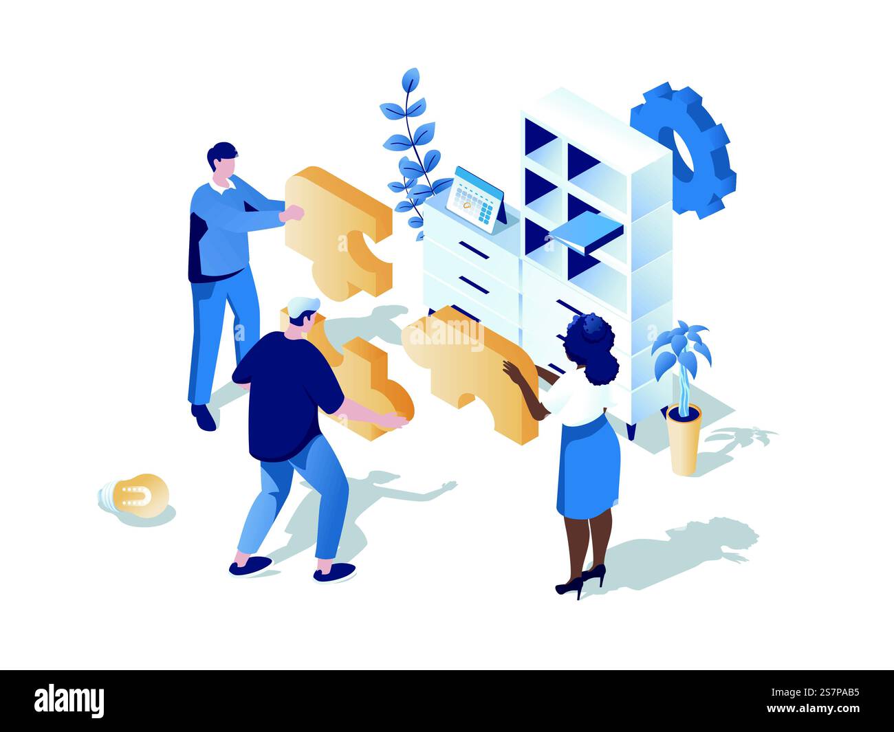 Teamwork in office concept 3d isometric web scene. People working ...