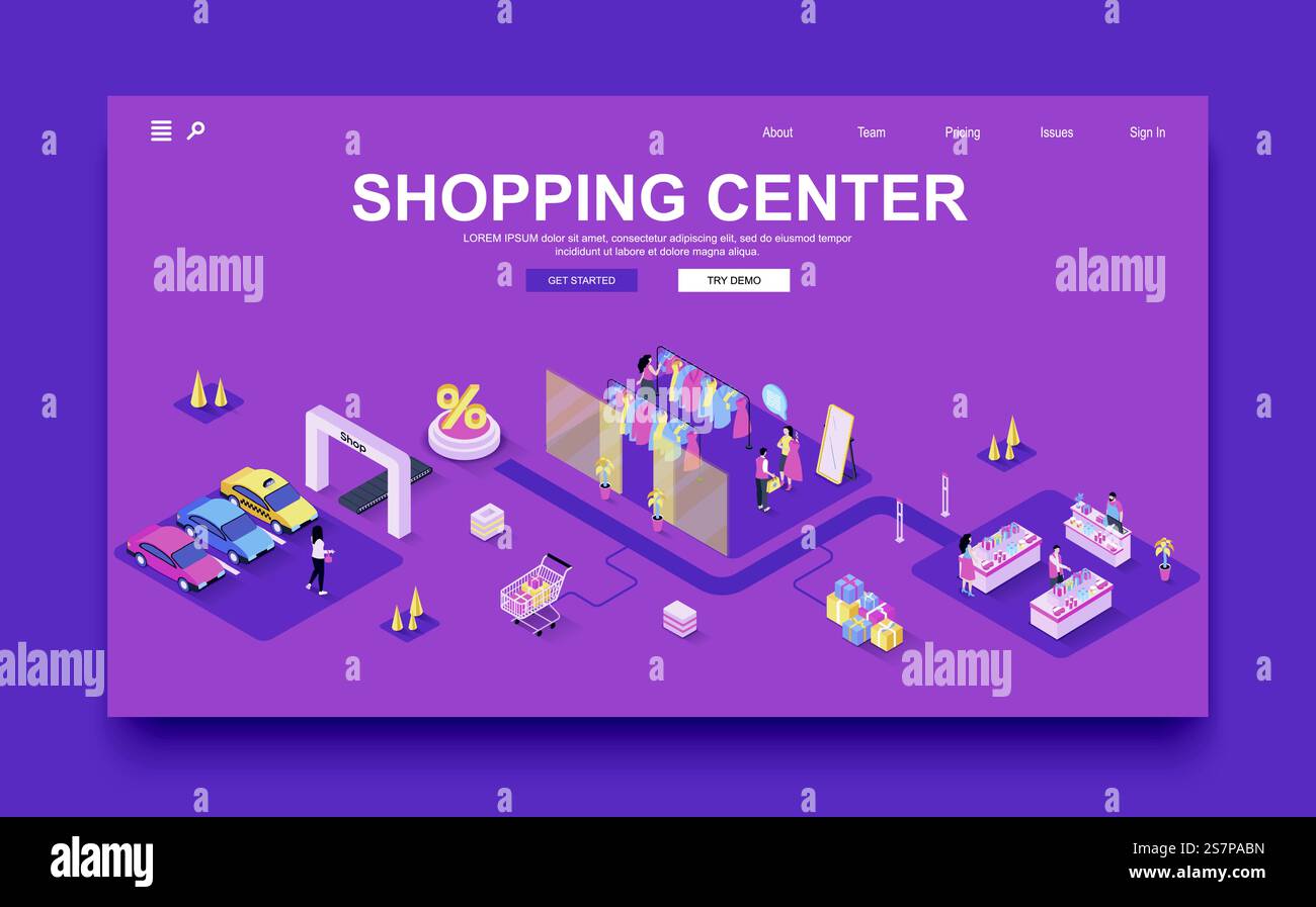 Shopping center concept 3d isometric landing page template. People ...