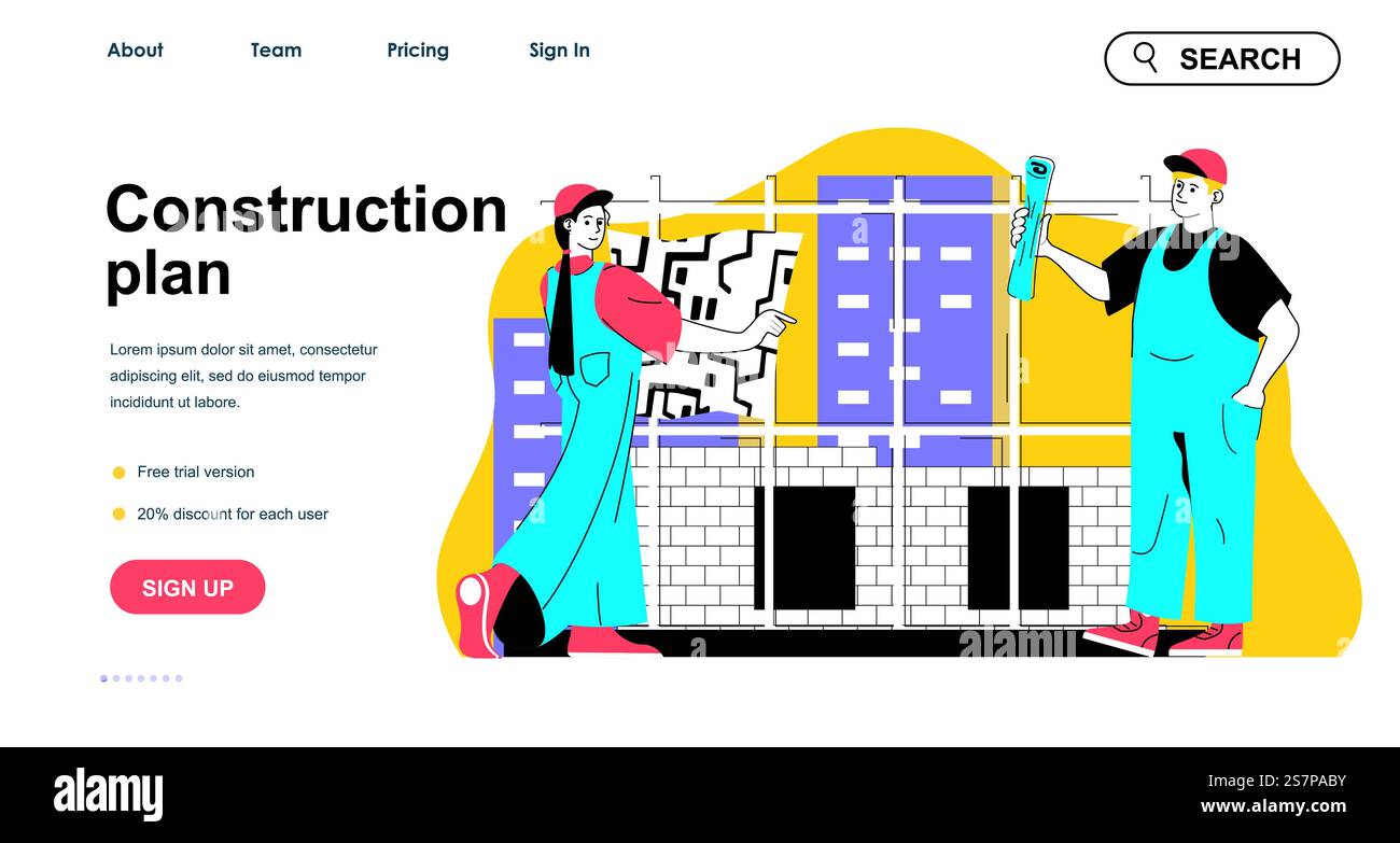 Construction plan concept for landing page template. Woman and man ...