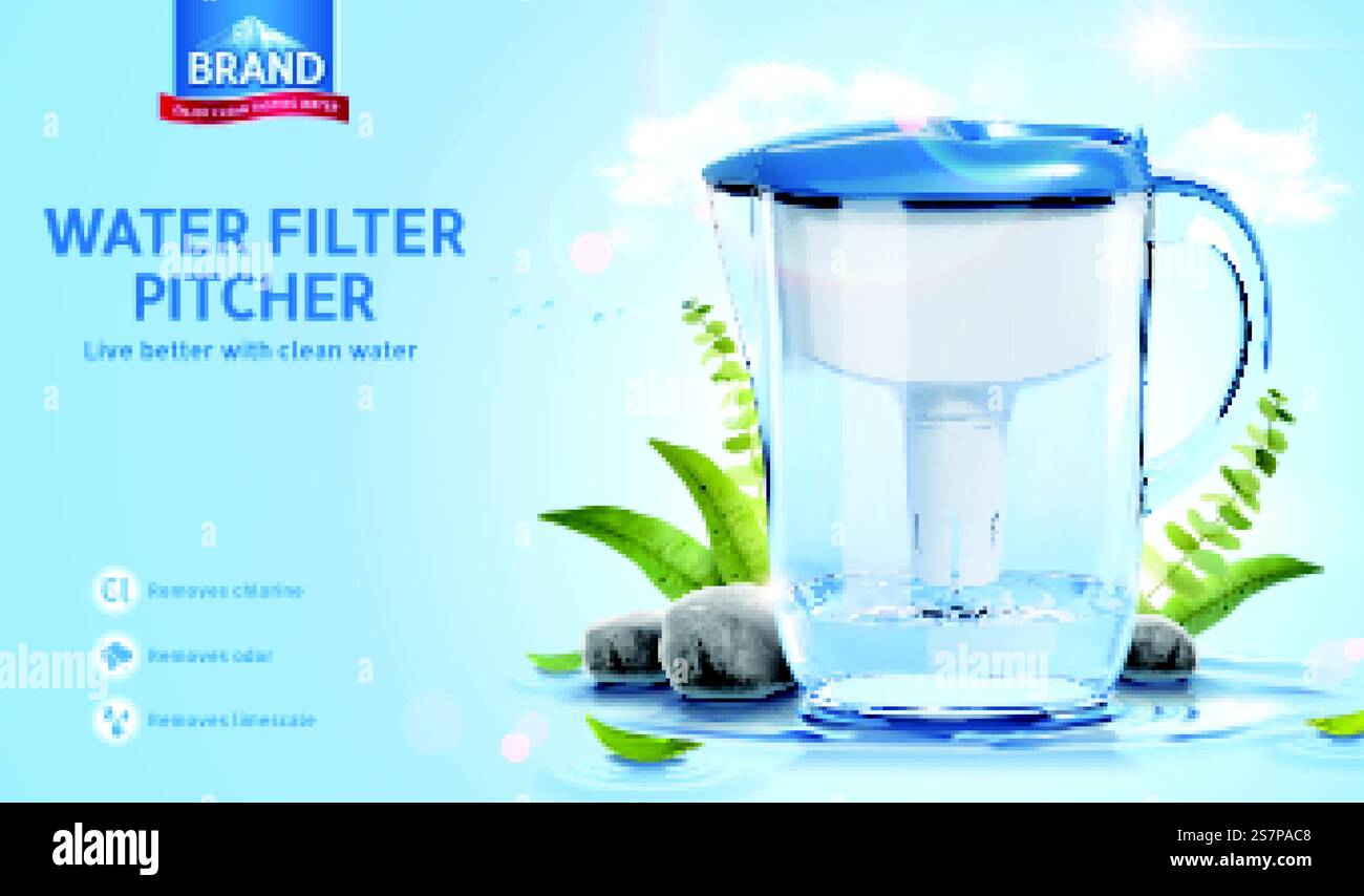 3d water filter pitcher ad template. Plastic jug mock-up displayed on ...