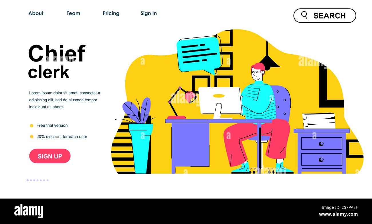 Chief clerk concept for landing page template. Employee doing tasks and ...