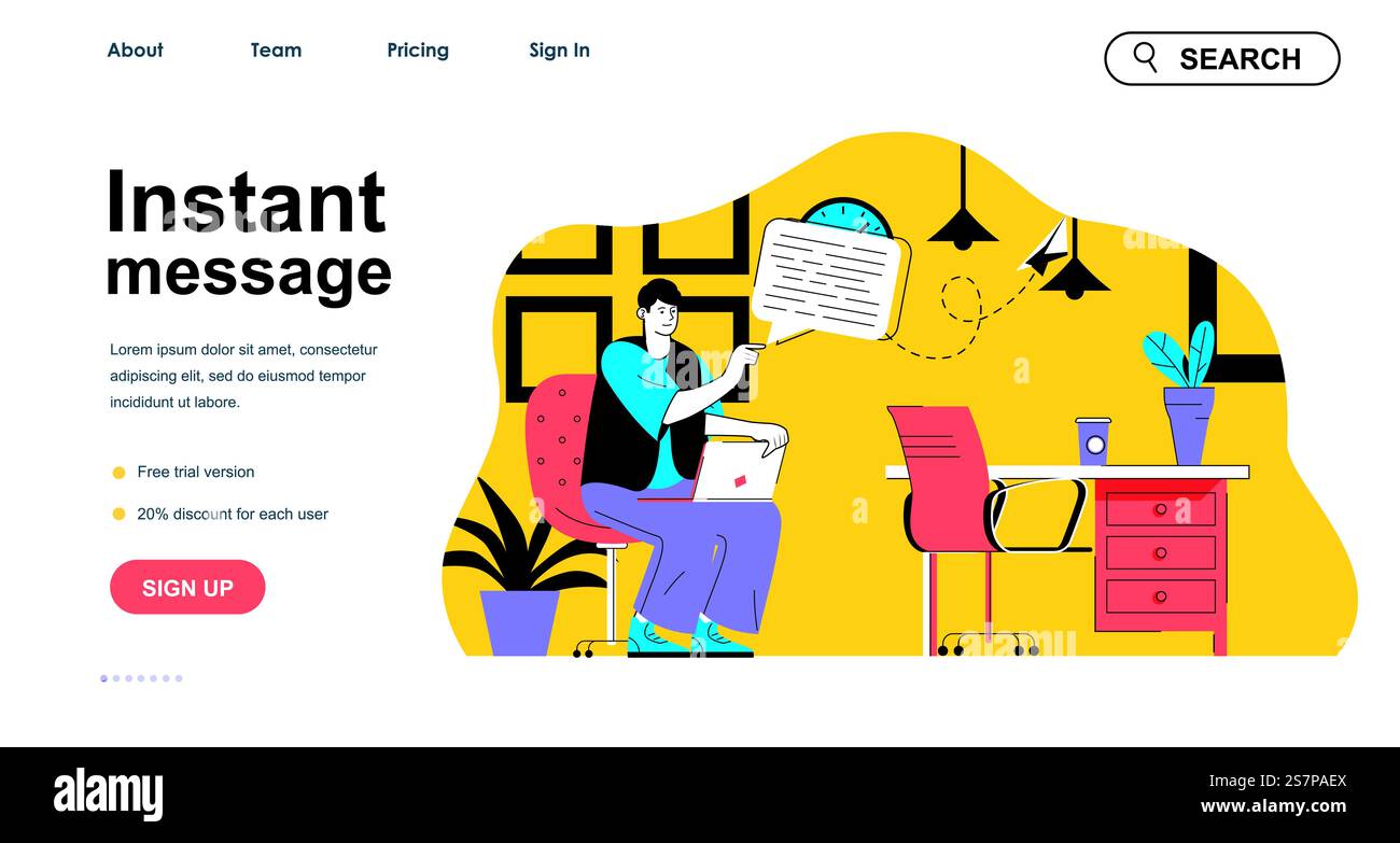 Instant message concept for landing page template. Man writes text and ...