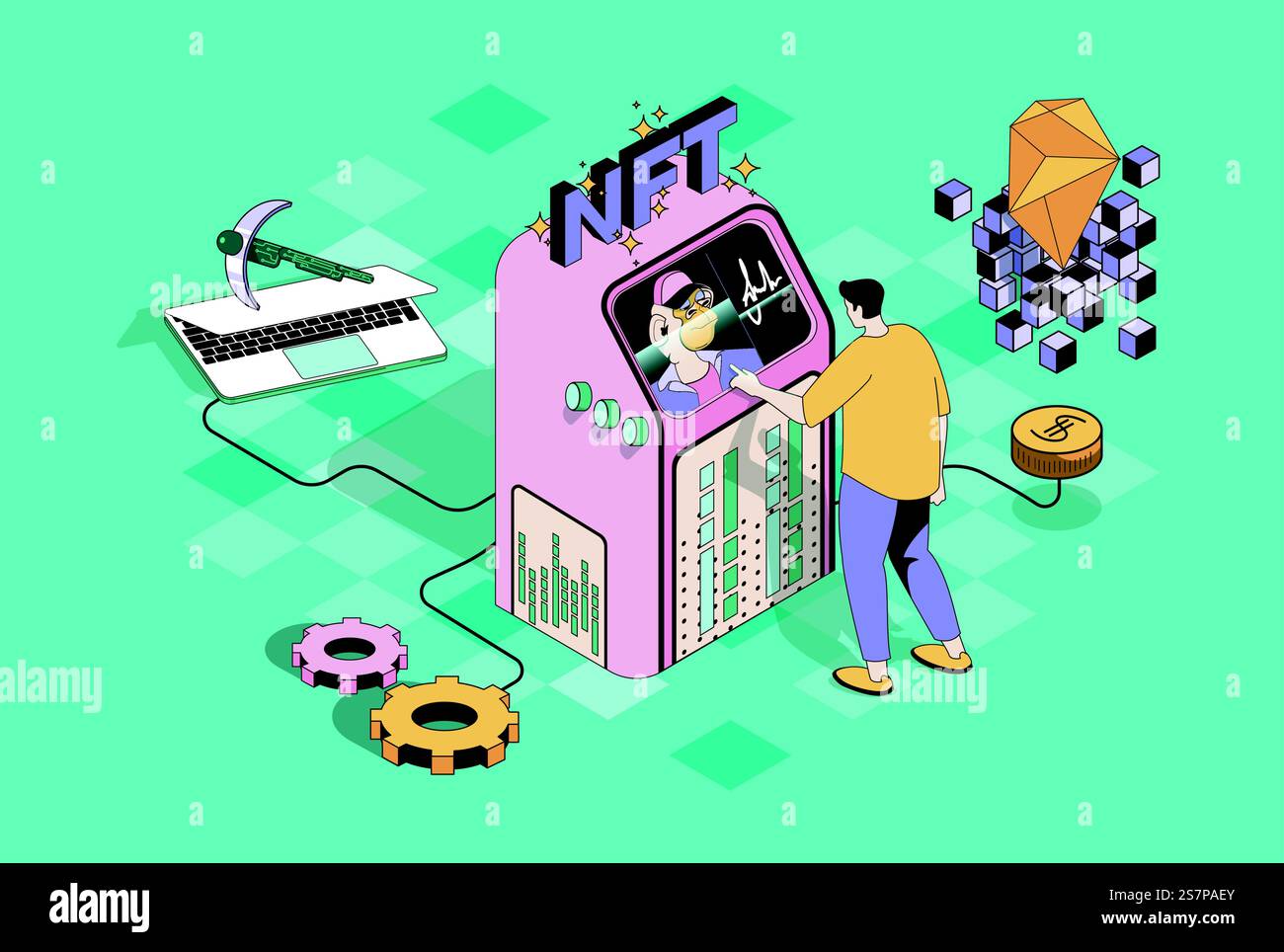 NFT token art concept in 3d isometric design. Man buying virtual ...