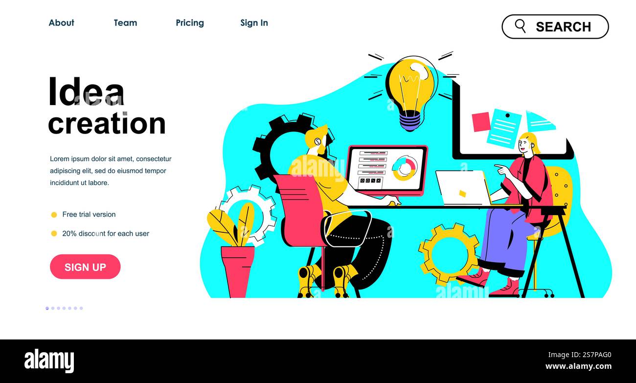 Idea creation concept for landing page template. Employees brainstorming and discussing tasks ...